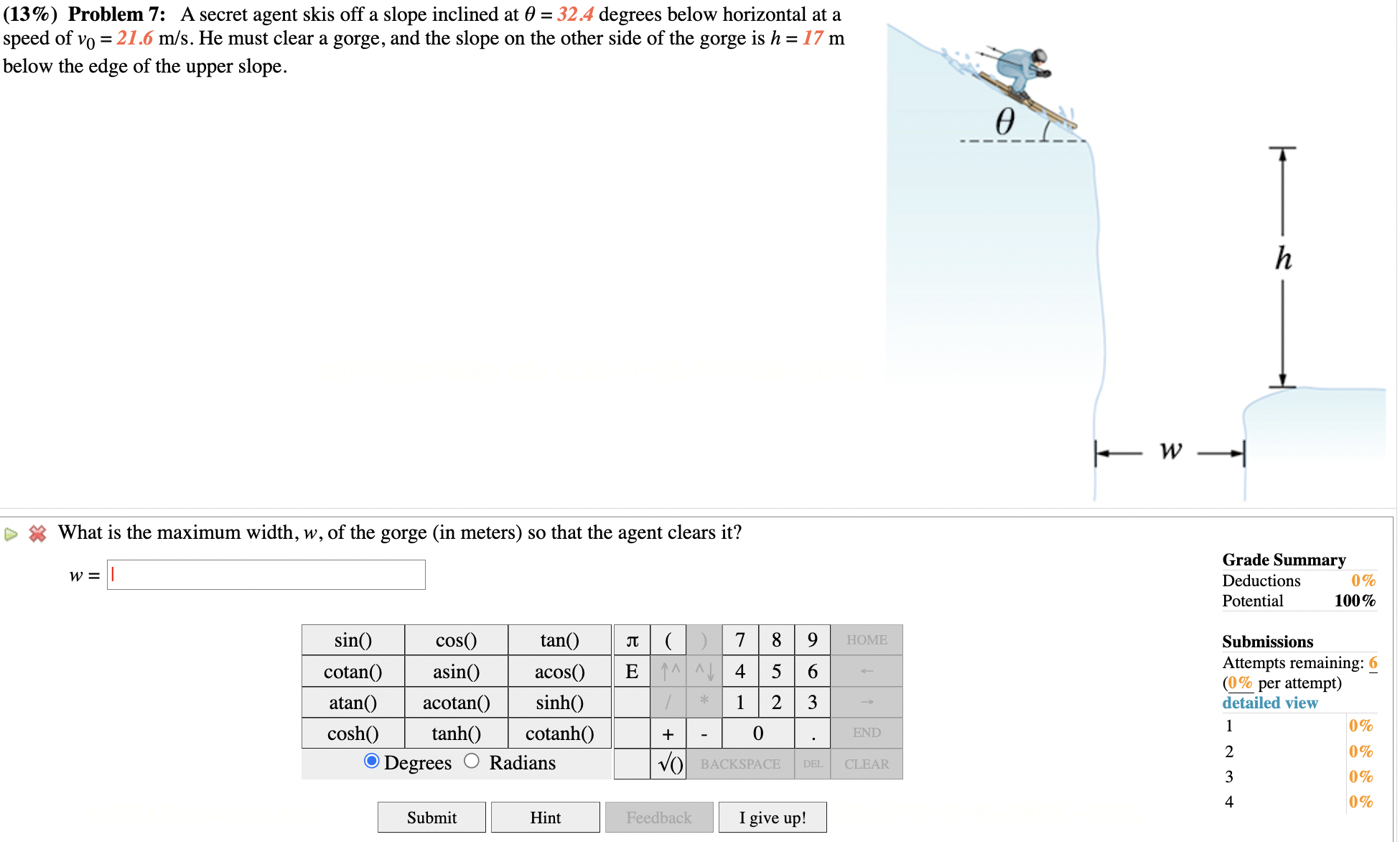 Solved (13\%) Problem 7: A secret agent skis off a slope | Chegg.com