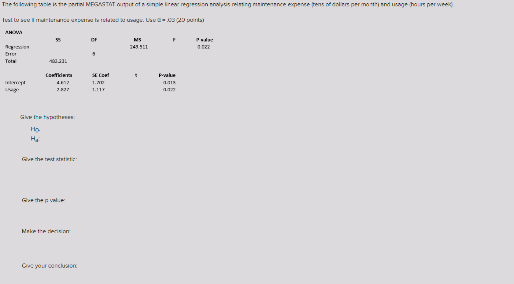 Solved The following table is the partial MEGASTAT output of | Chegg.com