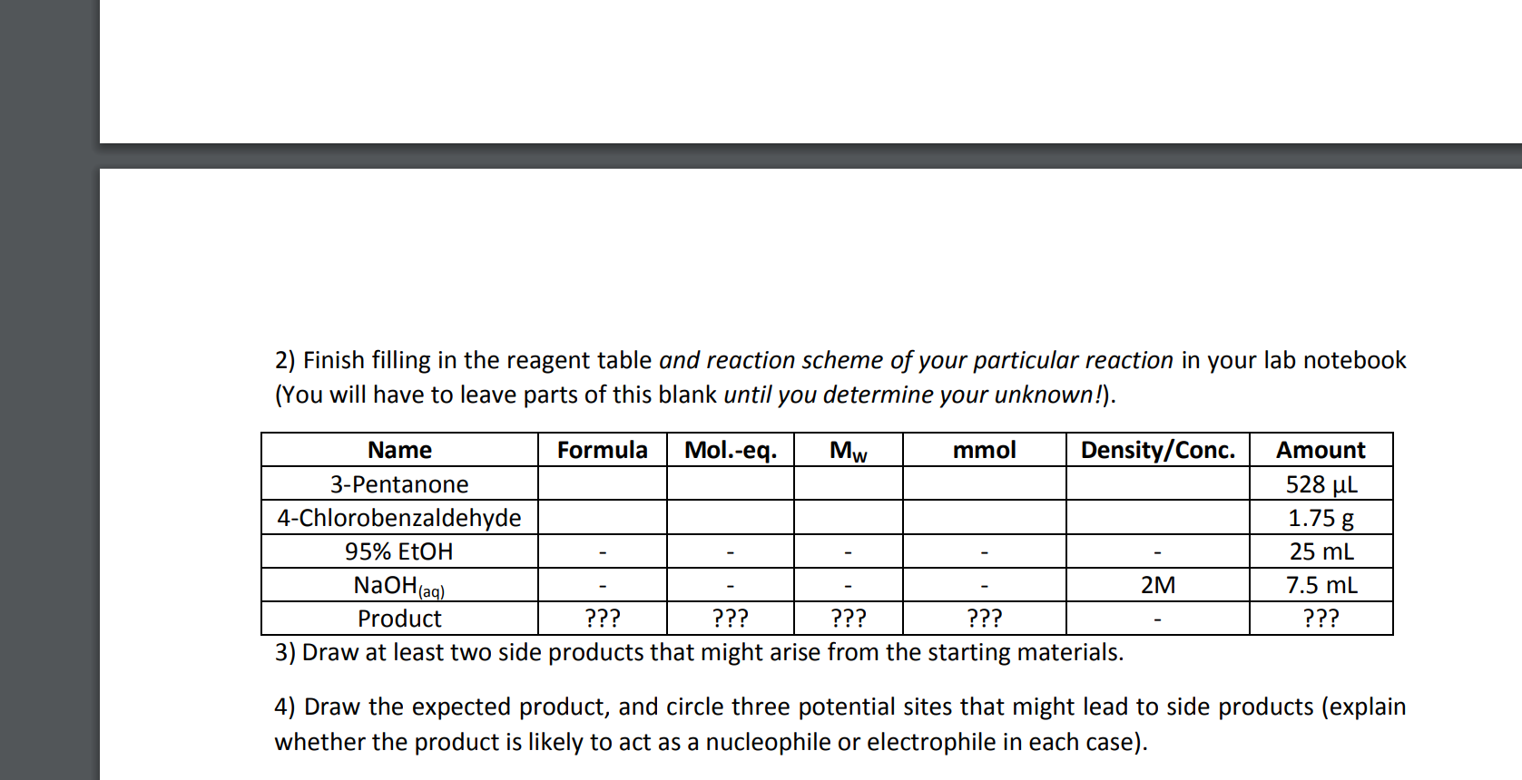 Solved 2) Finish filling in the reagent table and reaction | Chegg.com