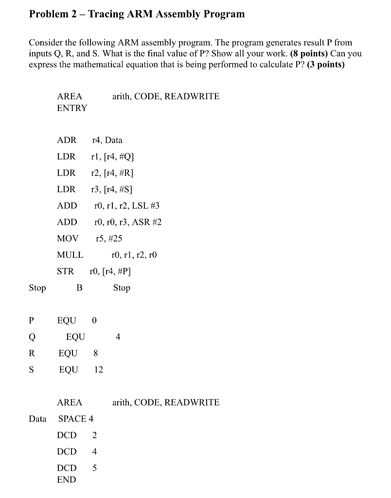 Problem 2 - Tracing ARM Assembly Program Consider the | Chegg.com