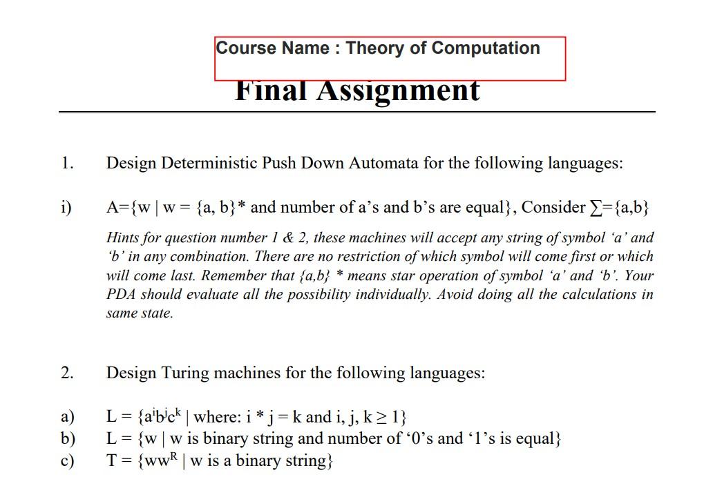 Solved Course Name Theory Of Computation Final Assignment 7910