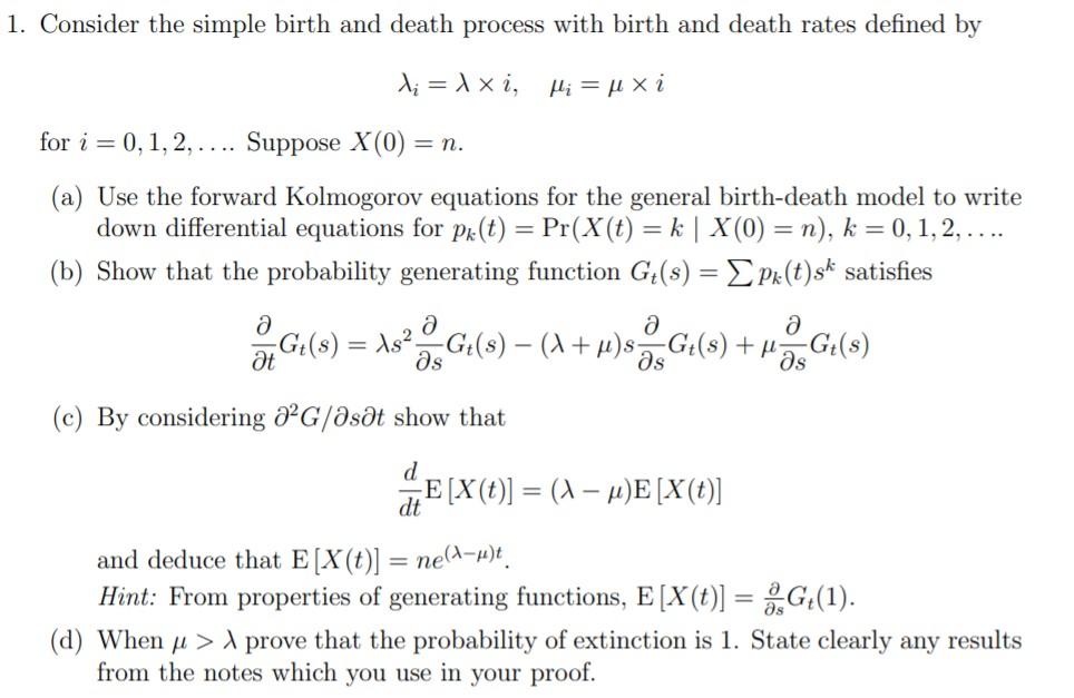 Solved 1. Consider the simple birth and death process with | Chegg.com