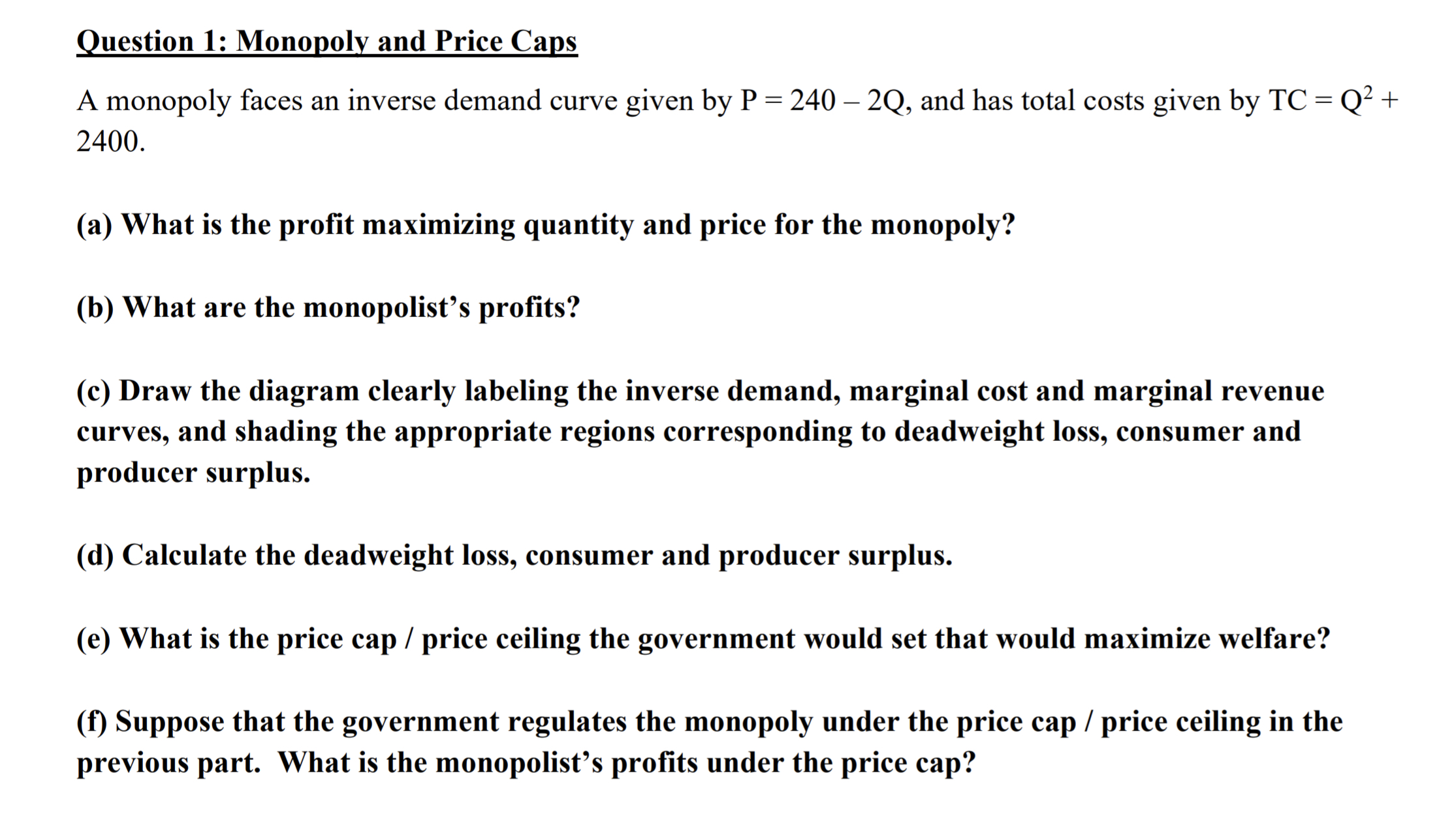 Solved Question 1 Monopoly And Price Caps A Monopoly Faces Chegg