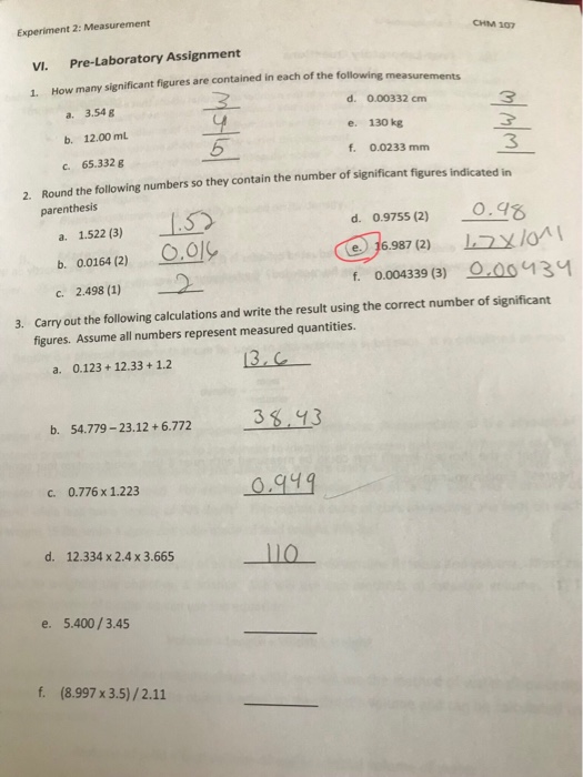 Solved Experiment 2: Measurement CHM 107 VI. Pre-Laboratory | Chegg.com