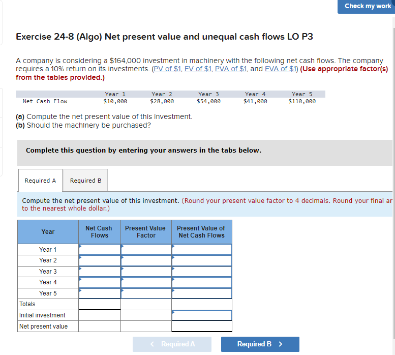 Solved Check my work Exercise 24-8 (Algo) Net present value | Chegg.com