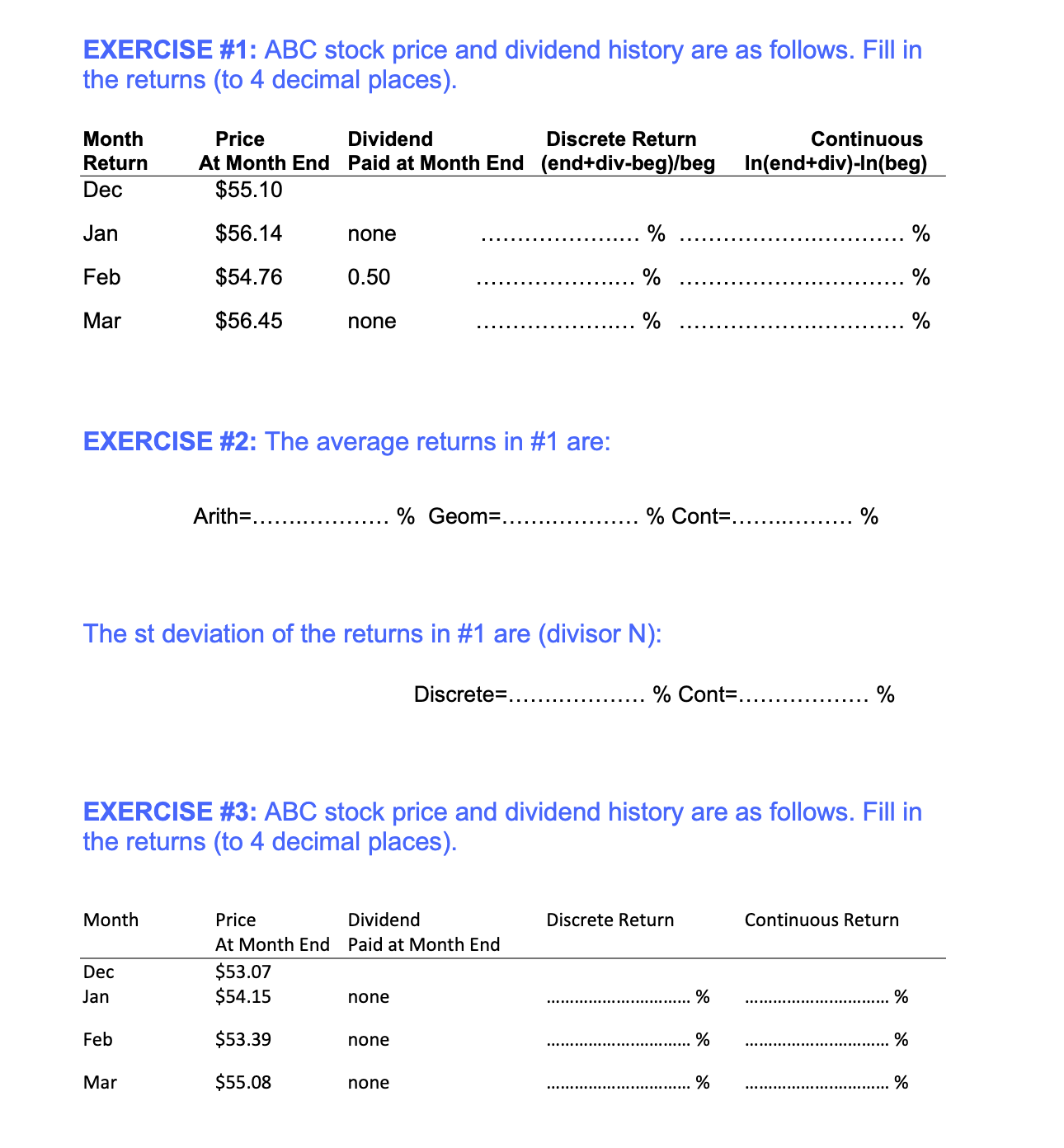 Solved Stock Return AveragesEXERCISE #1: ABC stock price and | Chegg.com
