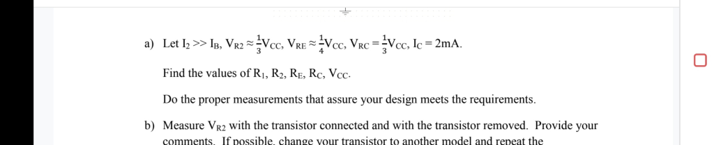 Solved 0 Find the values of R1, R2, RE, Rc, Vcc. Do the | Chegg.com