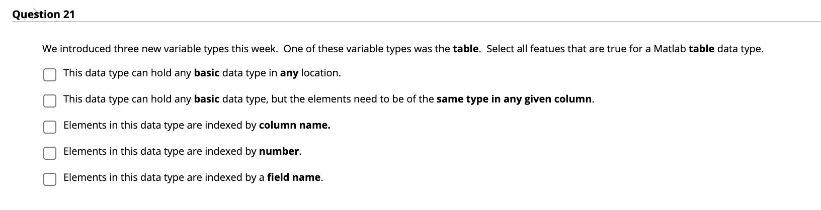 Solved Question 14 T/F: A Matlab cell array is like a | Chegg.com