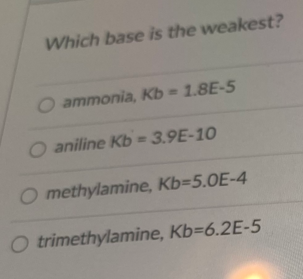 Solved Which base is the weakest? ammonia, Kb = 1.8E-5 O | Chegg.com
