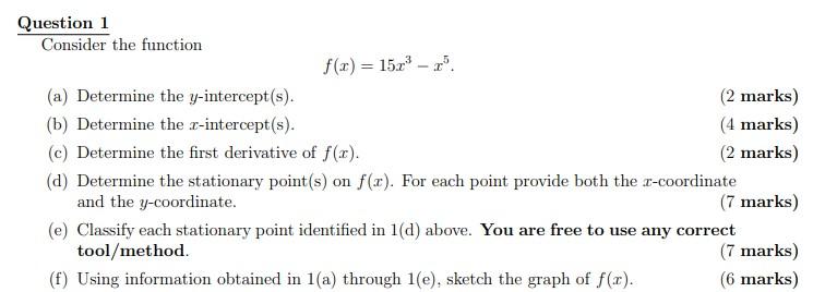 Solved f(x)=15x3−x5 (a) Determine the y-intercept(s). (b) | Chegg.com