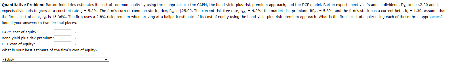 Solved Round your answers to two decimal places.CAPM cost of | Chegg.com
