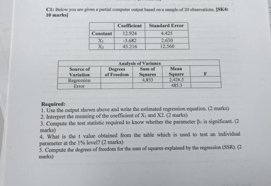 Solved C1: Below you are given a partial computer output | Chegg.com