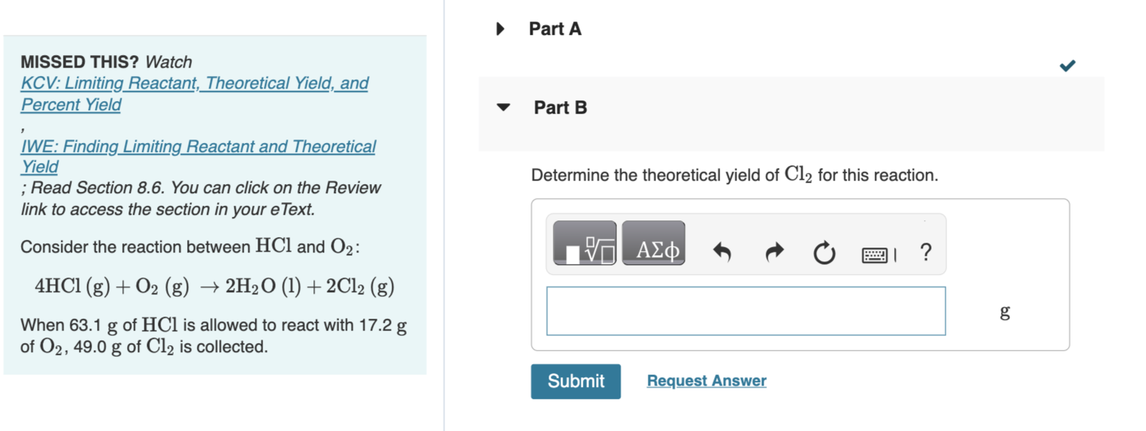Solved Part AMISSED THIS? WatchKCV: Limiting Reactant, | Chegg.com