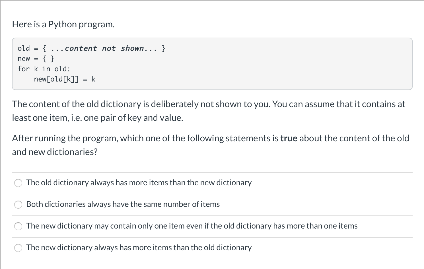 Solved Here is a Python program. old = { ...content not | Chegg.com