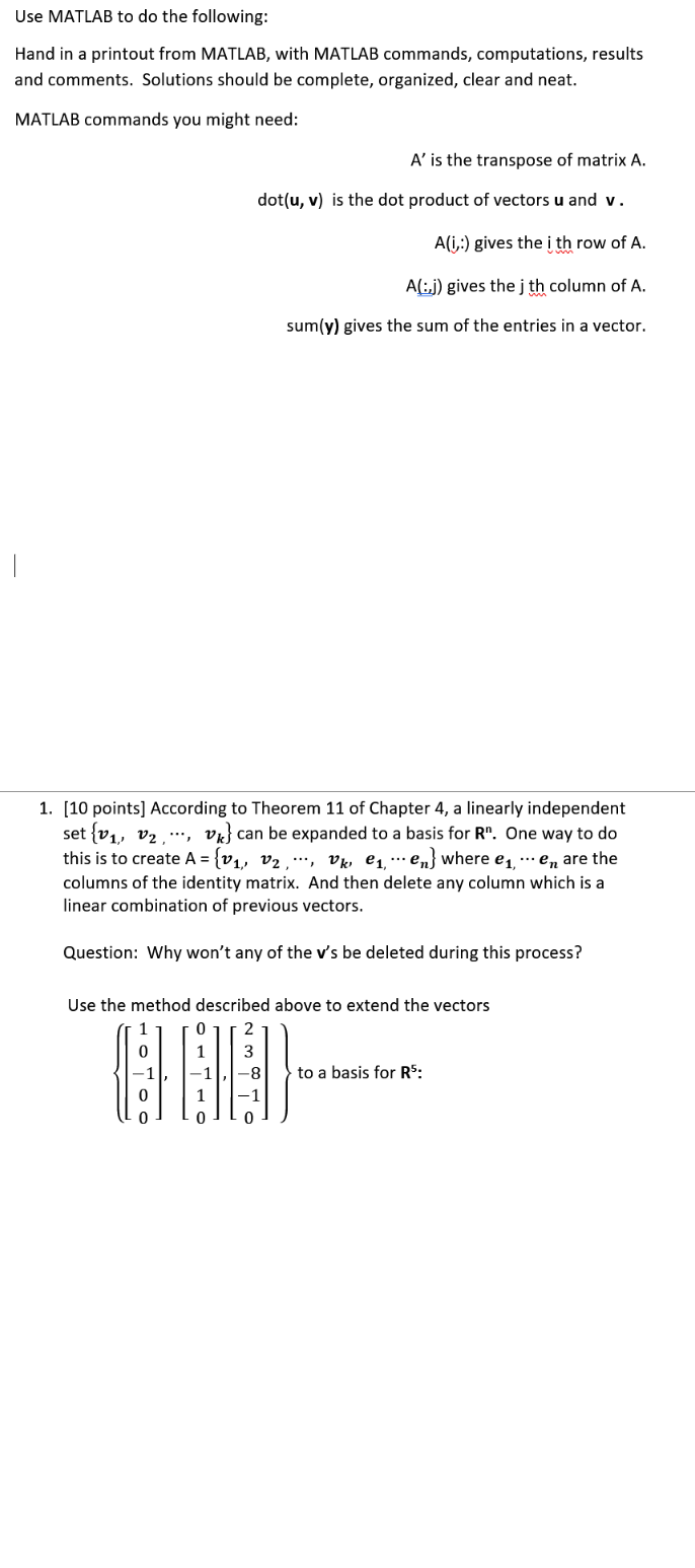 Solved Use MATLAB to do the following: Hand in a printout | Chegg.com