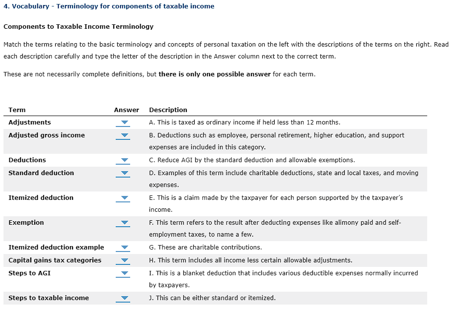 Solved 4. Vocabulary - Terminology for components of taxable | Chegg.com