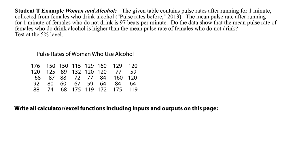 Solved Student T Example Women and Alcohol: The given table | Chegg.com