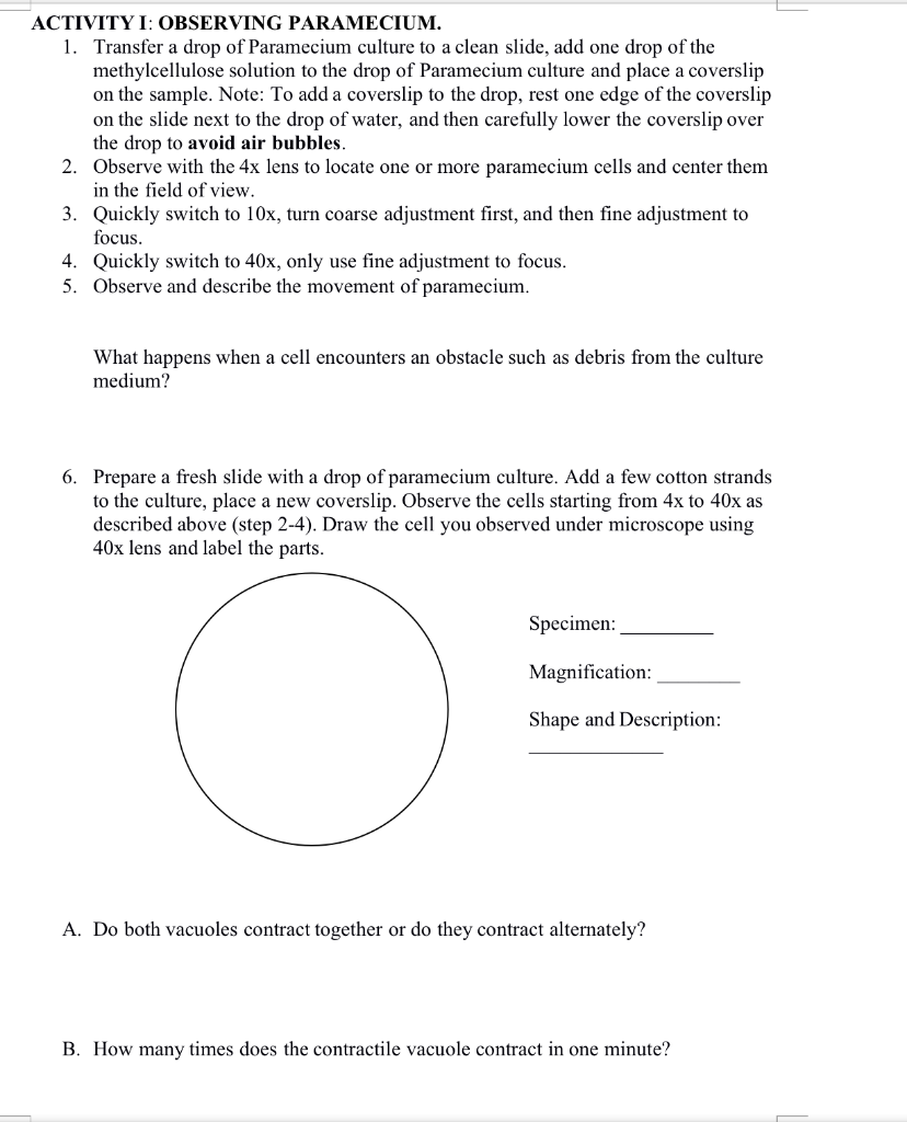 ACTIVITYI: OBSERVING PARAMECIUM. 1. Transfer a drop | Chegg.com