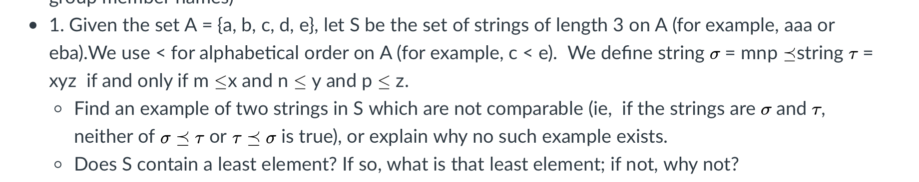 Solved • 1. Given the set A = {a, b, c, d, e}, let S be the | Chegg.com