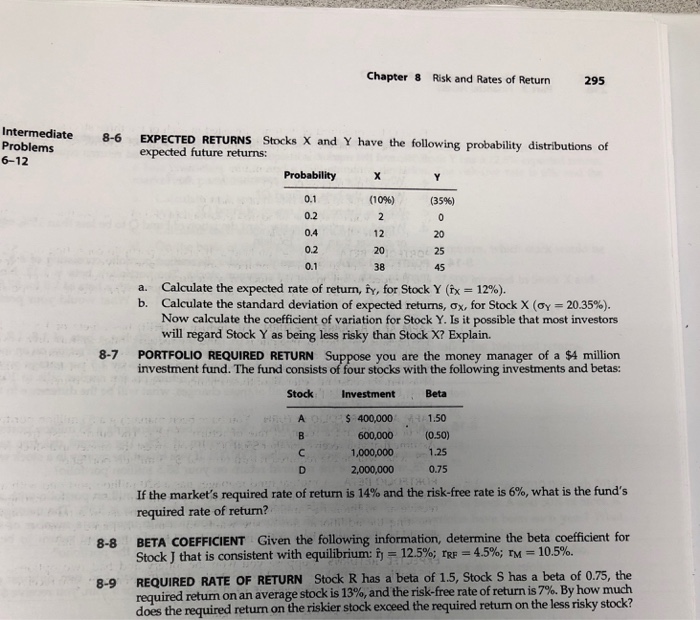 Solved Chapter 8 Risk and Rates of Return 295 Intermediate | Chegg.com