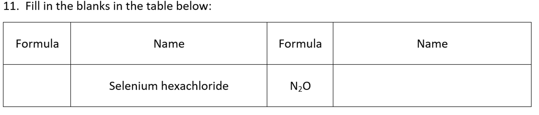 Solved please help!! Fill in the blanks in the table below: | Chegg.com