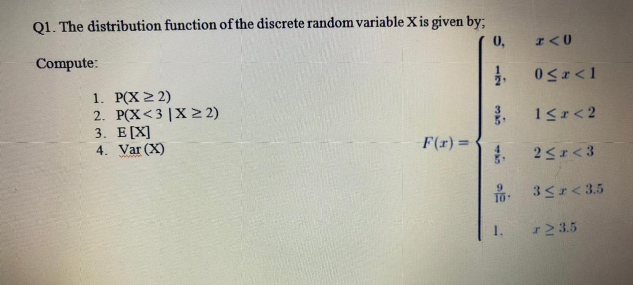 Solved Q1. The distribution function of the discrete random | Chegg.com
