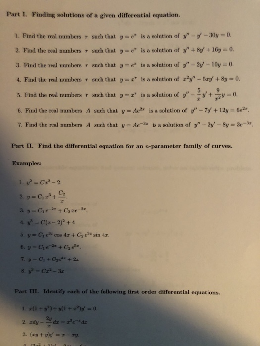 Solved Part I. Finding solutions of a given differential | Chegg.com