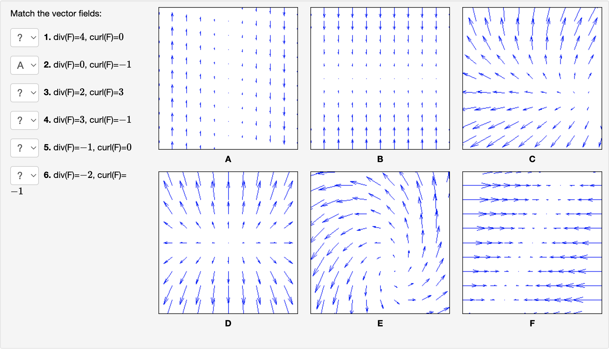 Solved Match the vector fields: 1. div(F)=4,curl(F)=0 2. | Chegg.com