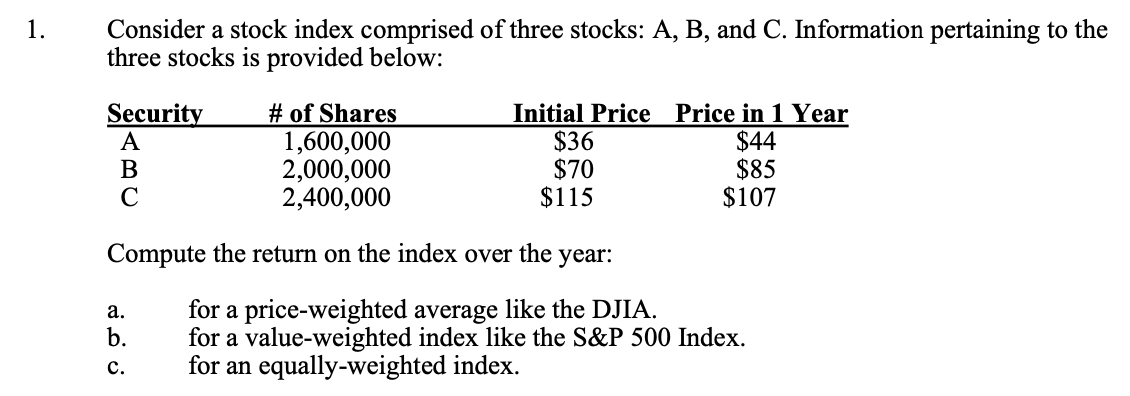 Solved Consider a stock index comprised of three stocks: A, | Chegg.com