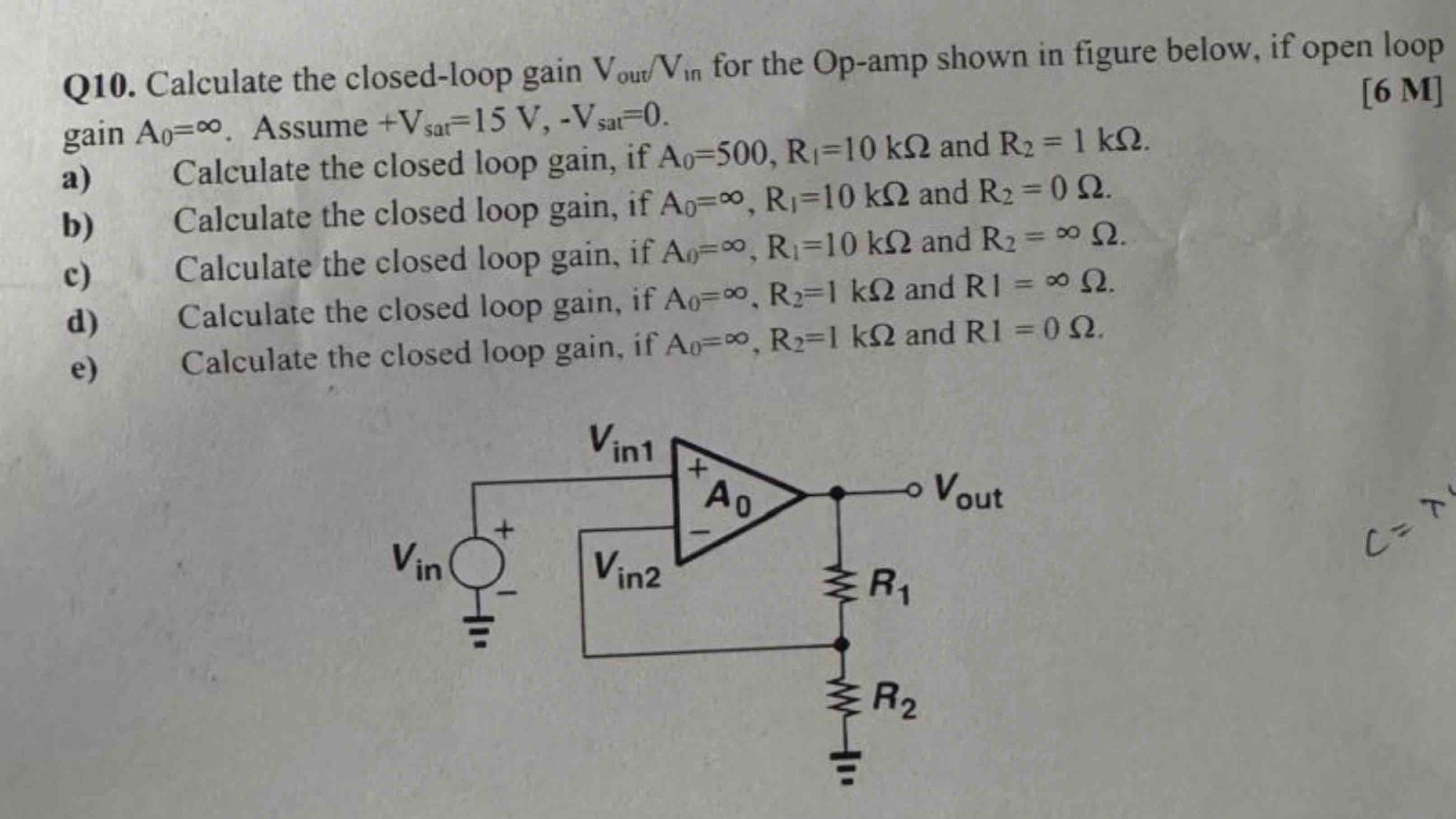 Solved Q10. ﻿Calculate the closed-loop gain Vout Vin ﻿for | Chegg.com