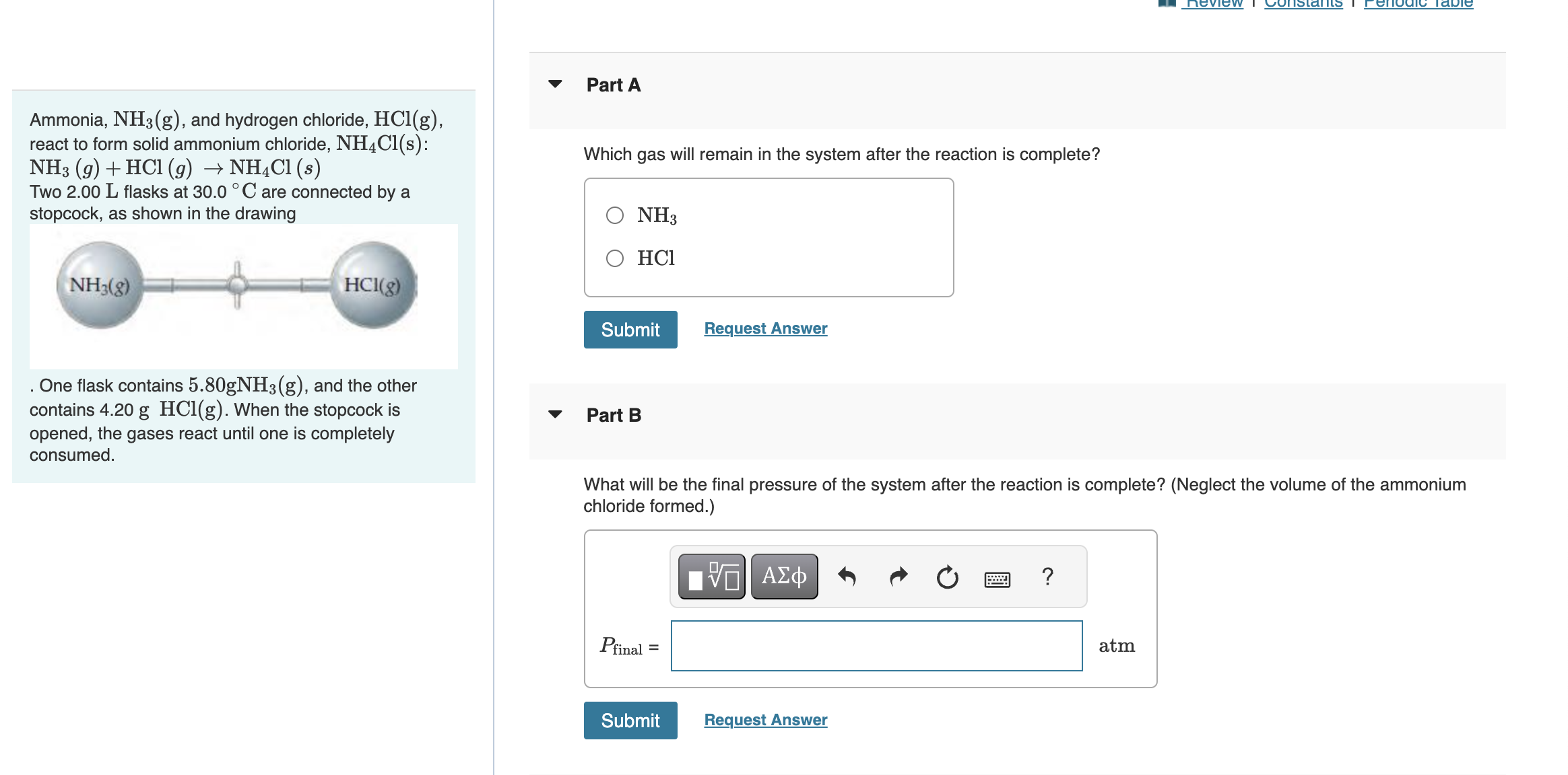 Solved Ammonia, NH3(g), ﻿and hydrogen chloride, HCl(g),react | Chegg.com