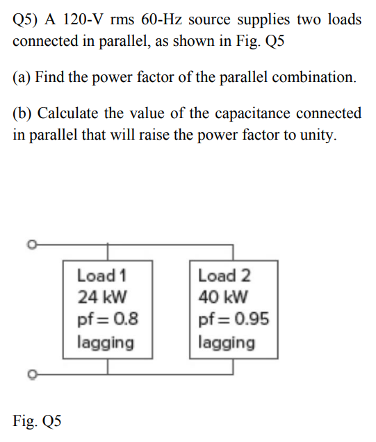 Solved Q5) A 120−V rms 60−Hz source supplies two loads | Chegg.com