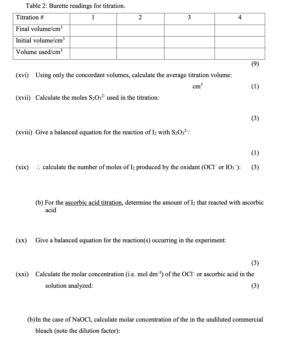 Table 2: Burette readings for titration. (y) (xvi) | Chegg.com