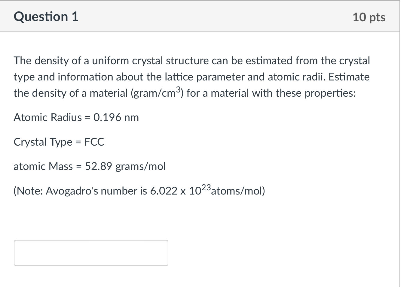 Solved Question 1 10 pts The density of a uniform crystal | Chegg.com