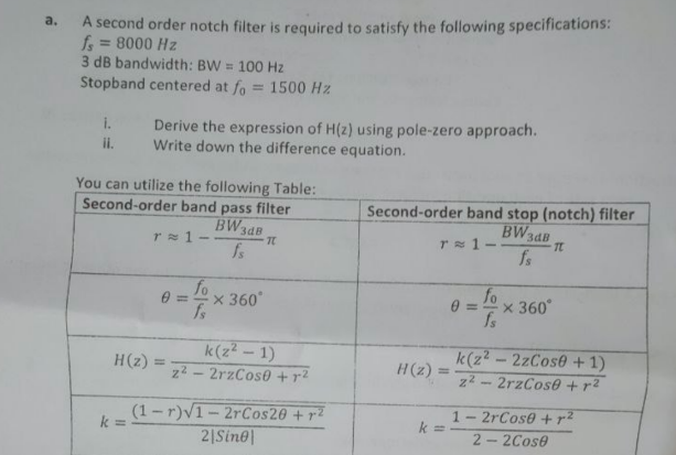 Solved A second order notch filter is required to satisfy | Chegg.com