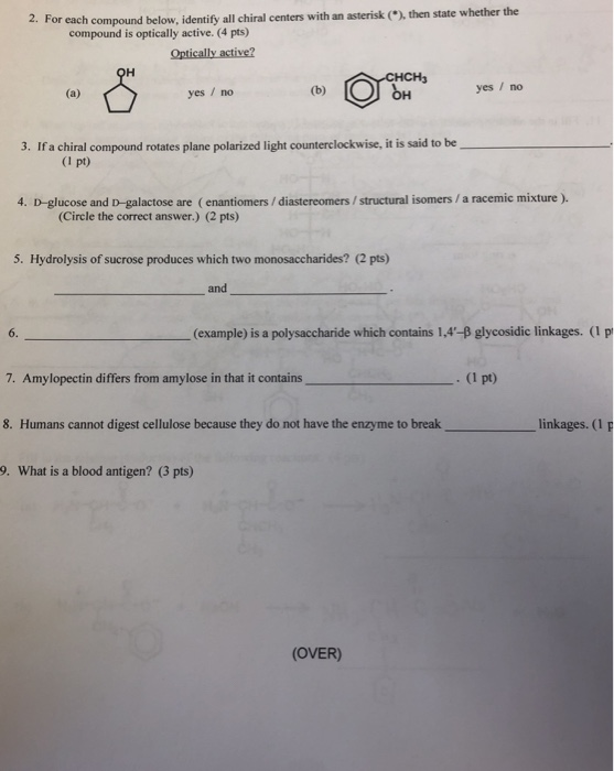 Solved 2. For each compound below, identify all chiral | Chegg.com