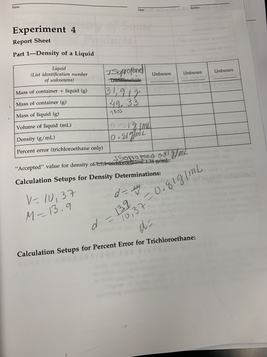 Solved Experiment 4 Report Sheet Part 1-Density of a Liquid | Chegg.com