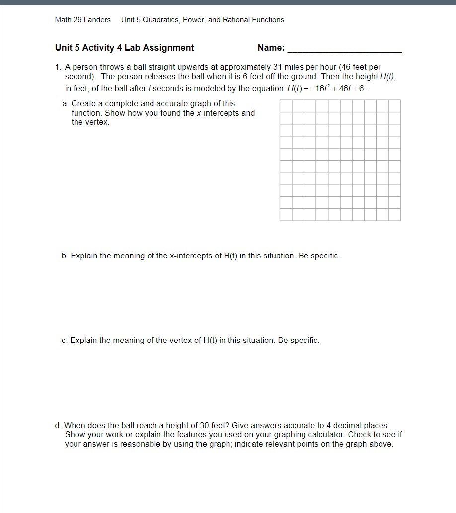Solved Math 29 Landers Unit 5 Quadratics, Power, and | Chegg.com