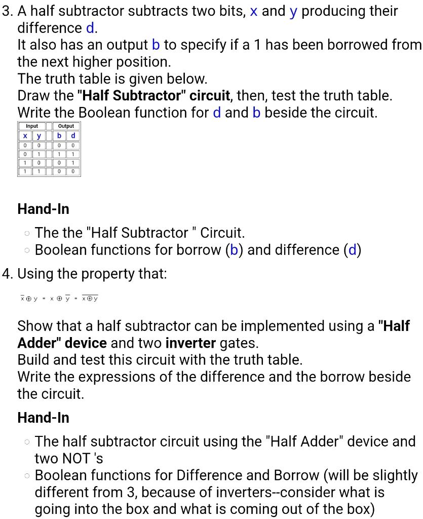 Solved 3. A half subtractor subtracts two bits, x and y | Chegg.com