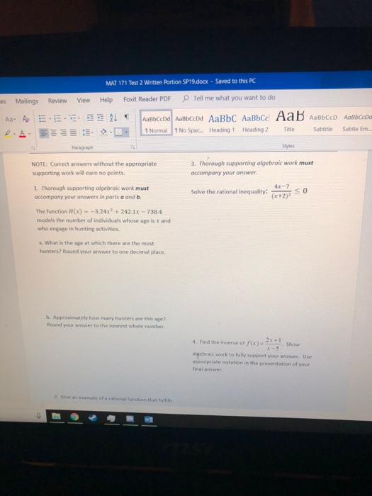Solved MAT 171 Test 2 Written Portion SP19.docx -Saved to | Chegg.com