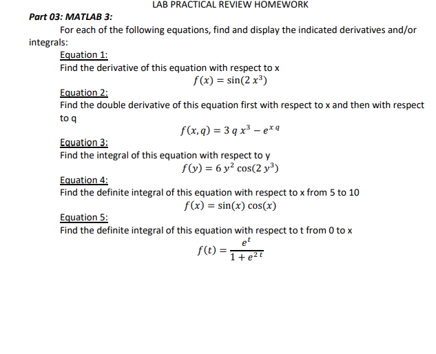 Solved LAB PRACTICAL REVIEW HOMEWORK Part 03: MATLAB 3: For | Chegg.com