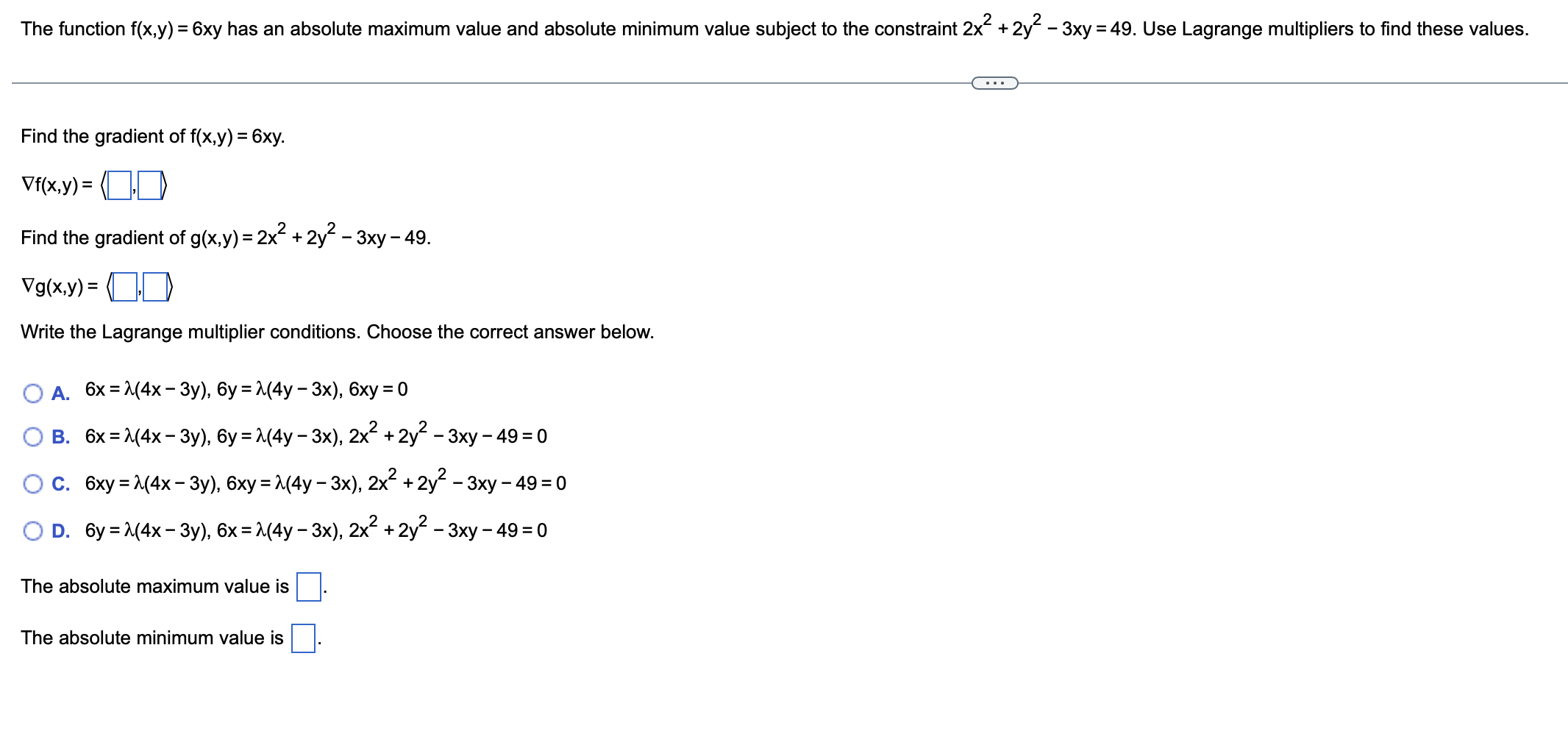 Solved The function f(x,y)=6xy has an absolute maximum value | Chegg.com