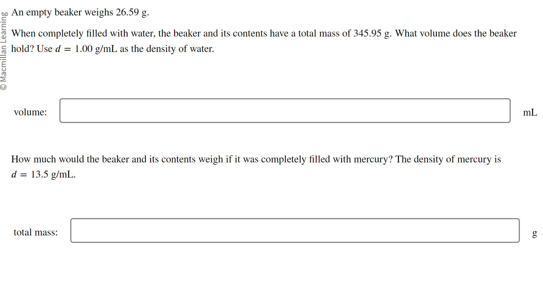 Solved An empty beaker weighs 26.59 g. When completely | Chegg.com