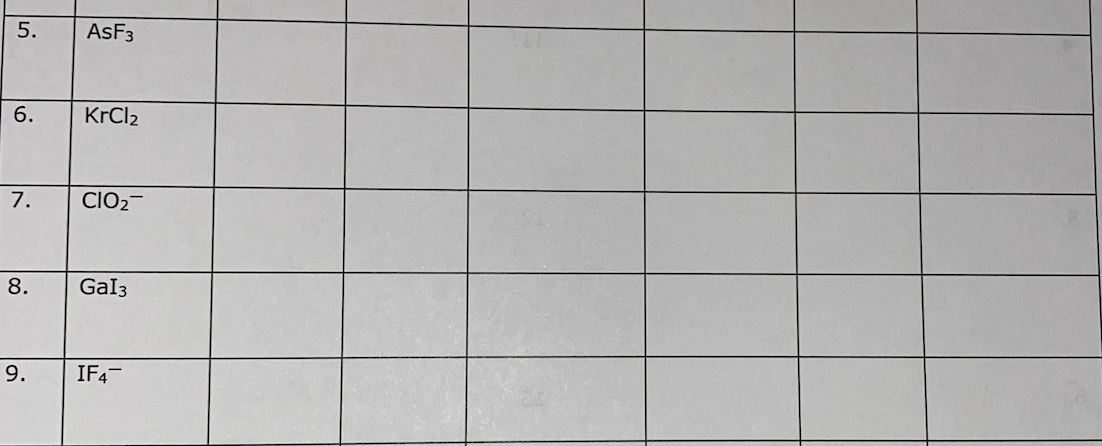 Solved 5. ASF3 6. KrCl2 7. ClO2- 8. Gal3 9. IF4 - | Chegg.com