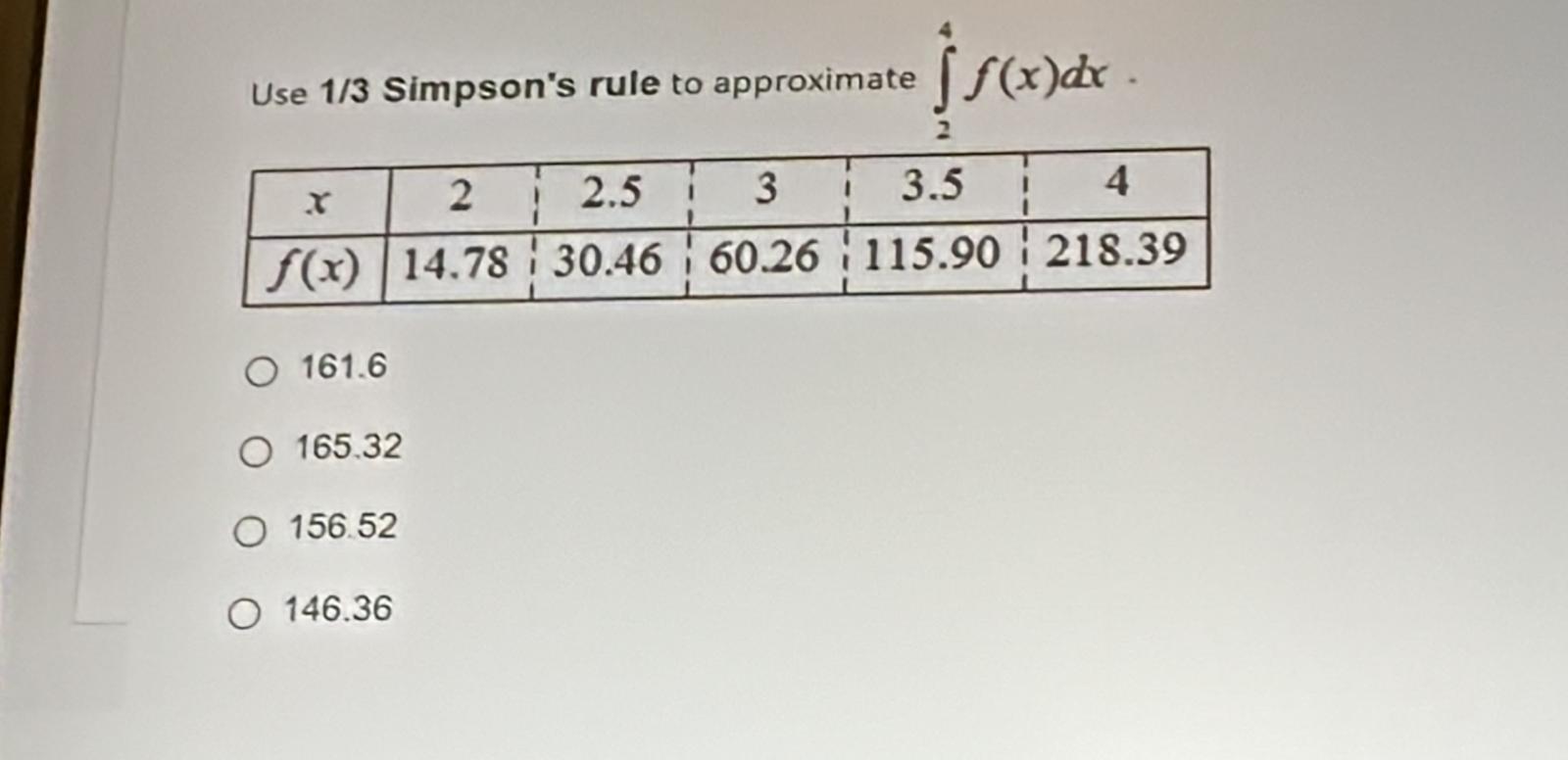 Solved Use 1/3 Simpson's rule to approximate ∫24f(x)dx. | Chegg.com