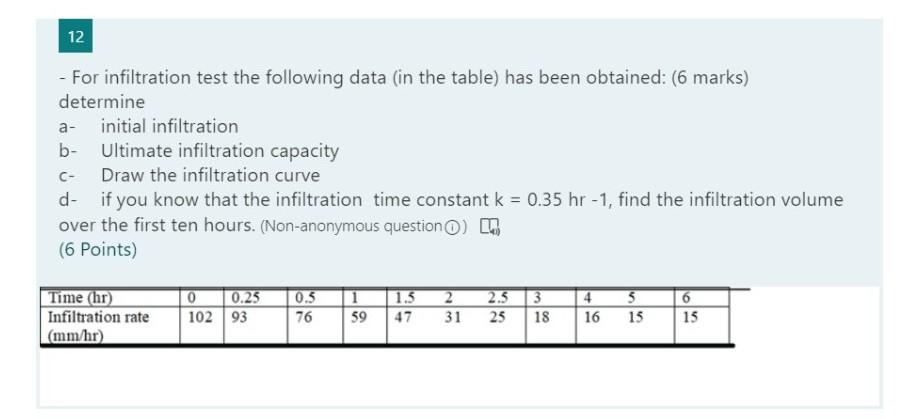Solved 12 - For infiltration test the following data (in the | Chegg.com