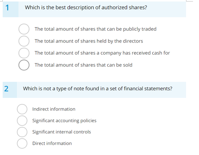 Solved 1 Which is the best description of authorized shares? | Chegg.com