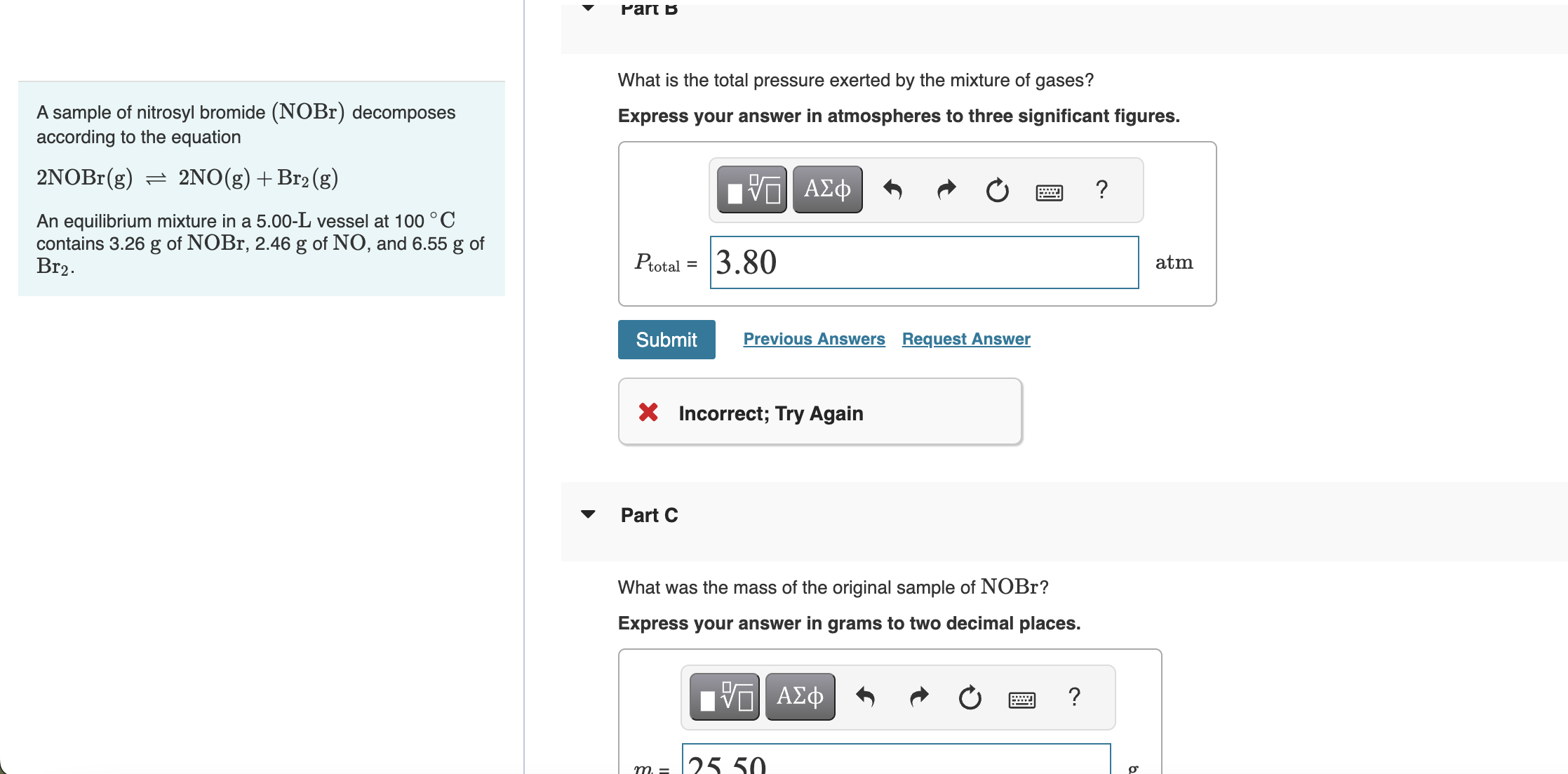 Solved A sample of nitrosyl bromide ( NOBr ) decomposes | Chegg.com