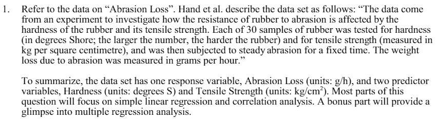 Solved 1. Refer to the data on “Abrasion Loss". Hand et al. | Chegg.com