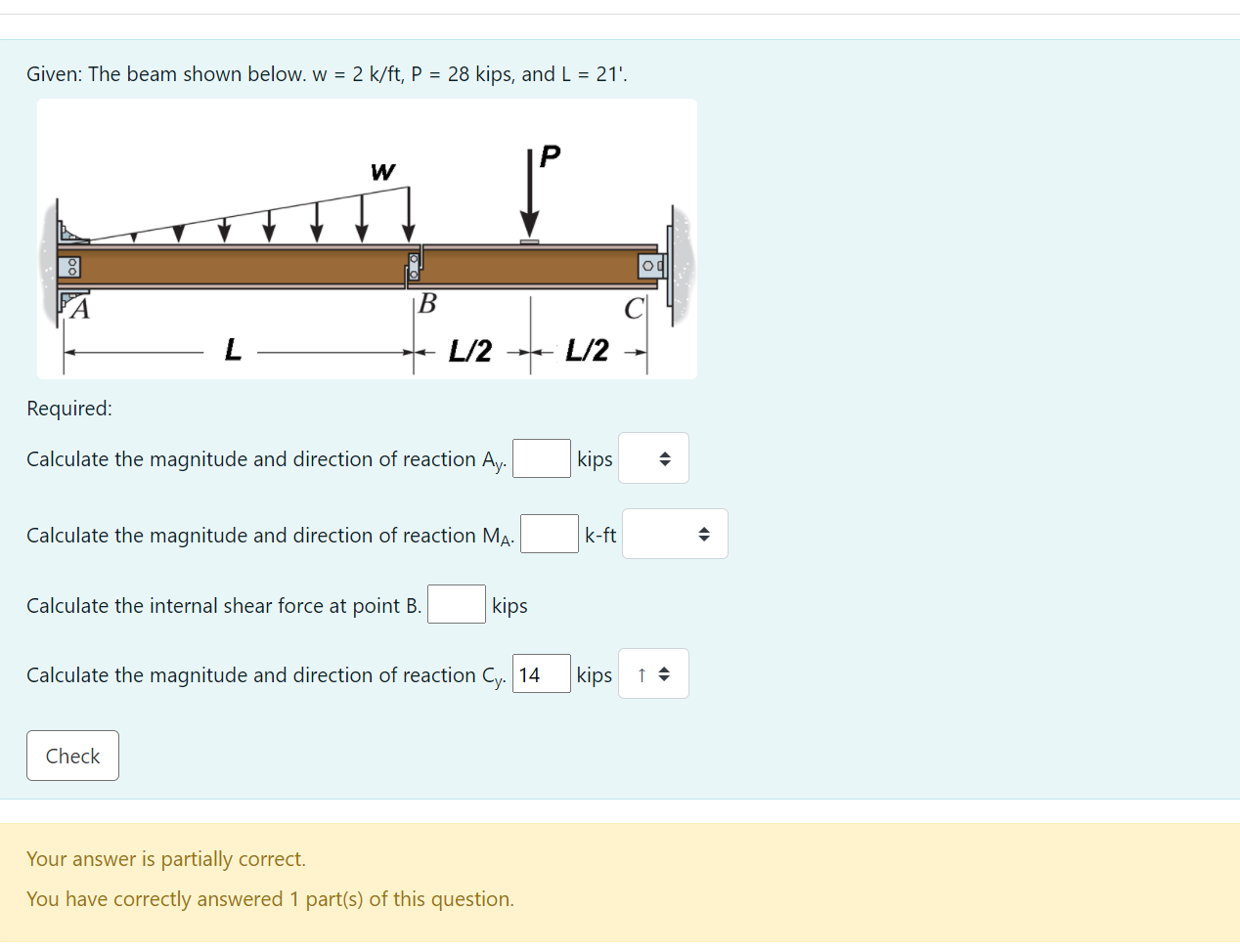 Solved Given: The beam shown below. w = 2 k/ft, P = 28 kips, | Chegg.com